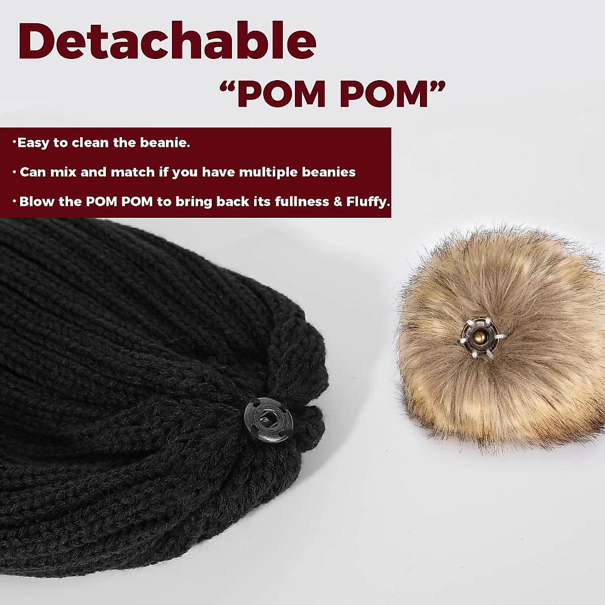 Winter Beanie Hat Scarf Gloves Set for Women, Womens Beanie Hat with Detachable Pom Pom Scarf Neck Warmer Touchscreen Gloves 3 in 1 Set（Black）