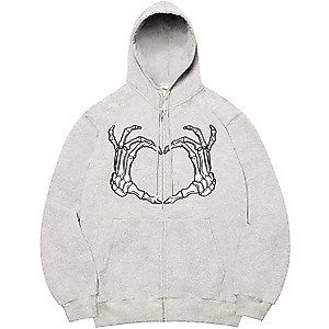 Women Men Oversized Zip Up Sweatshirt Hoodie Jacket Halloween Skeleton Print Coat Aesthetic Streetwear Top Gray