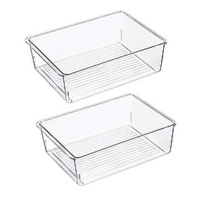 Slideep Kitchen Freezer Food Storage Bin, Plastic Refrigerator Organizer Fridge Storage Containers for Fruit, Yogurt, Snacks, Pasta 11'' 2 Pack