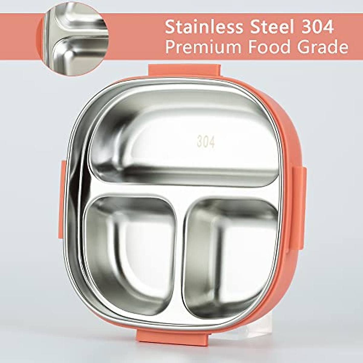 Lille Home 18oz Stainless Steel Leakproof 3-Compartment Bento Lunch Box/Portion Control Food Container with Lunch Bag and Foldable Spoon, BPA Free (Pink)