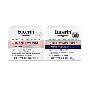 Eucerin Q10 Anti Wrinkle Skin Care Set, Facial Cream for Sensitive Skin, Q10 Anti Wrinkle Face Cream, 1.7 Oz Jar + Q10 Anti Wrinkle Night Cream with Pro-Retinol, 1.7 Oz Jar