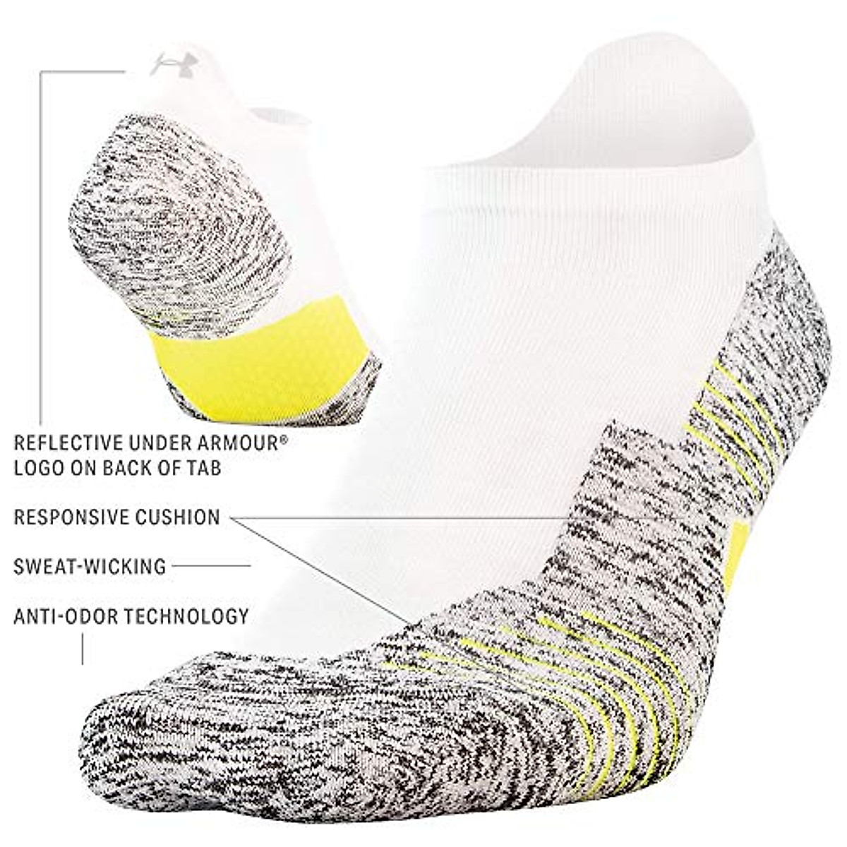 Under Armour Unisex-Adult Run Cushion No Show Tab Socks, Multipairs , White (1-Pair) , Large