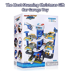 Car Garage Playset for 1:64 Police Cars, Racing Cars & Helicopter, Car Parking Playsets Toy with Elevator Parking Lot for Toddlers 1-3, Car Track for Kids Build Up to 5 Levels with 24 Parking Spaces