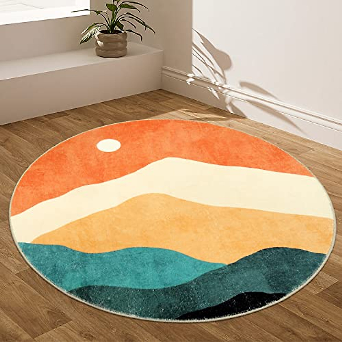 Sungea Abstract Round Rug for Bedroom 4ft, Faux Wool Soft Area Circle Rug, Farmhouse Washable Low Pile Throw Rugs, Carpet for Living Room Sofa Nursery Kids Room Decor