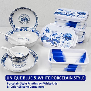 Annaklin Collapsible Food Storage Containers with Lids in Blue and White Porcelain China Style, 48oz, 4 Pack, Stackable Silicone Containers for Food Lunch, Microwave Freezer Dishwasher Safe, White