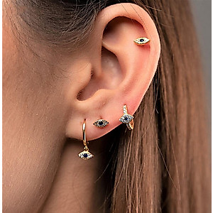 Dainty Evil Eye Mini Stud Earrings Sterling Silver Blue Crystal CZ Wedding Earring Ear Piercing Studs for Women (Gold)