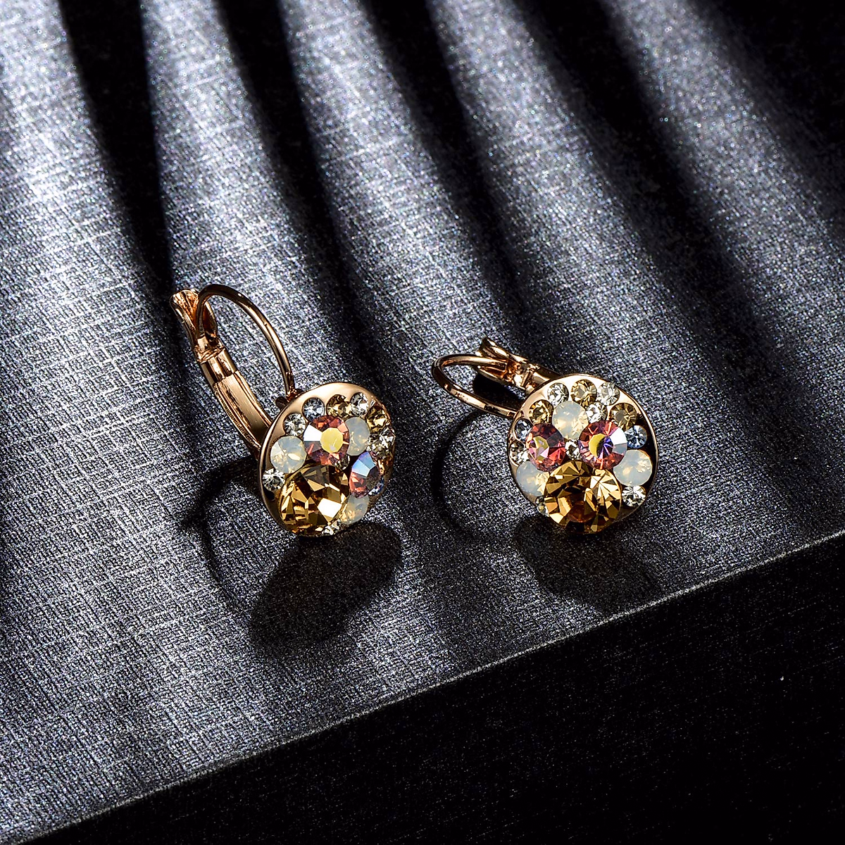 Multicolored Austrian Crystal Drop Earrings for Women 14K Gold Plated Hypoallergenic Leverback Dangle Earrings (Yellow Main Crystal/Rose Gold-tone)