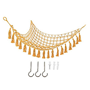 Stuffed Animal Storage Net, Macrame Toy Plush Toy Net Hammock Easy to Install Animals Corner Hanging Stuffed Animal Storage Holder Space Saving Tassel Toys Bedroom Storage Hammock (Autumn Yellow)