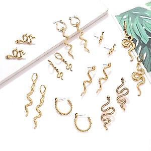 ZITULRY 9 Pairs Snake Earrings Charm Huggie Hoop Earrings Set Punk Rhinestone Serpent Drop Dangle Stud Earrings Minimalist Crystal Long Snake Earrings for Women Girls Jewelry Gift,Gold