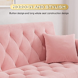 DAMAIFROM 71" Velvet Futon Sofa Bed, Modern Convertible Sleeper Sofa Loveseat, Tufted Futon Couch with Metal Legs for Small Living Room Office Bedroom, Pink