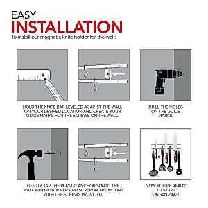 Modern Innovations (12 Inch) Stainless Steel Metal Magnetic Knife Holder, Wall Mount Double Bar with 8 Hooks - Multipurpose Knife Magnetic Strip, Utensil hanger, and Kitchen Storage Rack Magnet