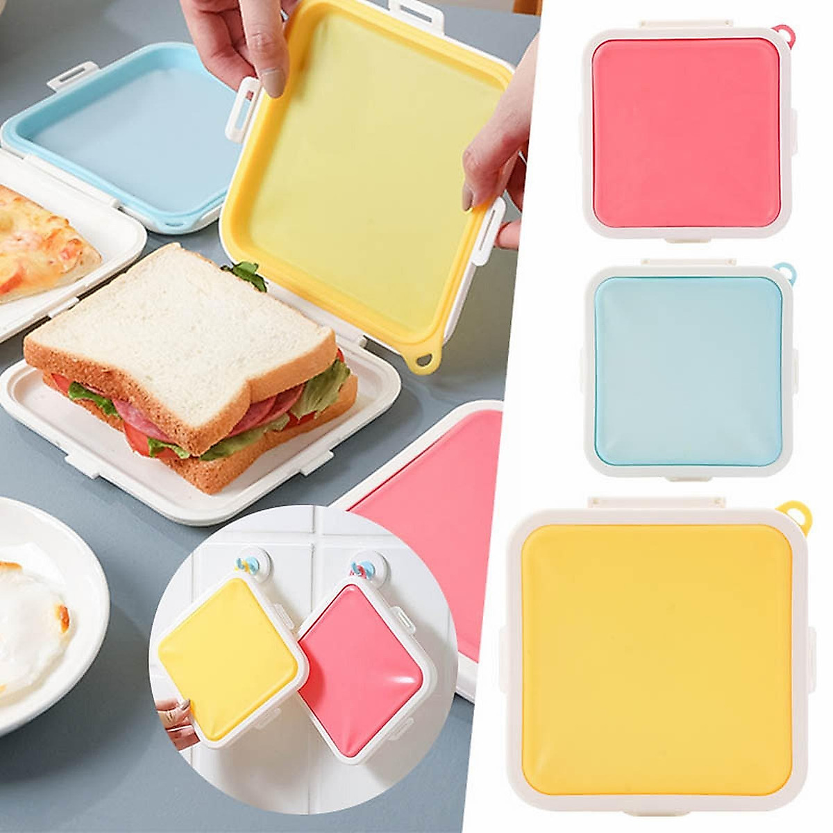 Sandwich Containers, Silicone Sandwich Storage With Snap-Off Sandwich Box Reusable Sandwich Holder For Snacks Storage (Pink)