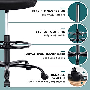 SMUG Drafting Chair Tall Office Chair, Standing Desk Chair Counter Height Office Chairs, Mid Back Mesh Office Drafting Chairs with Armrest, Height Adjustable Foot Ring, Black