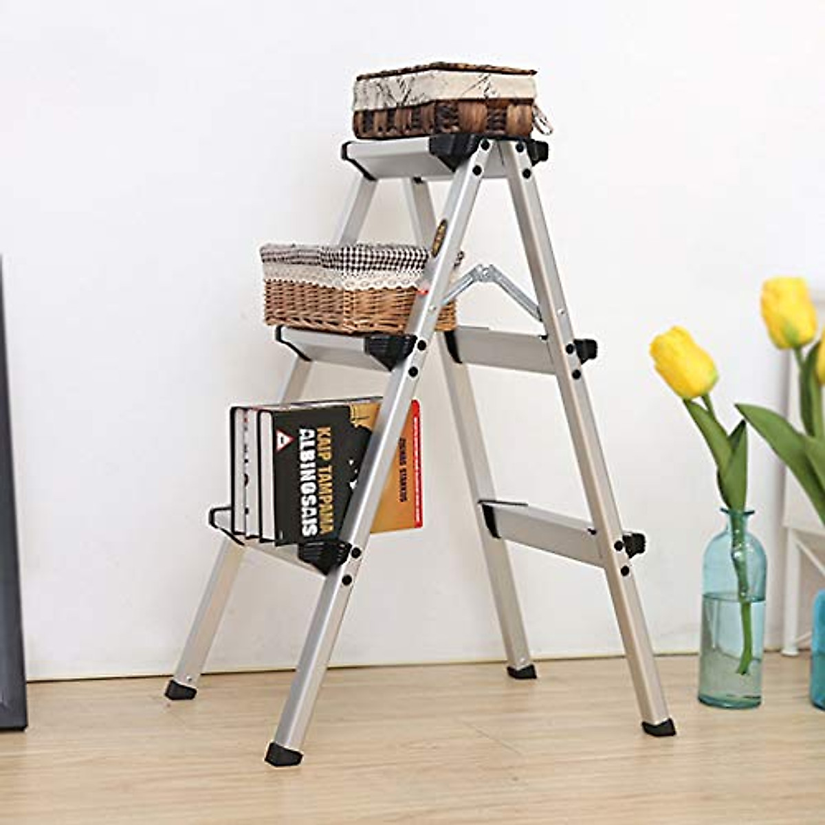 PENGJIE Folding Ladder Step Stool Ladder Stool 3 Step Folding Aluminum Heavy Duty Steel Portable Anti Slip Mat Tread Compact 150 Kg Capacity