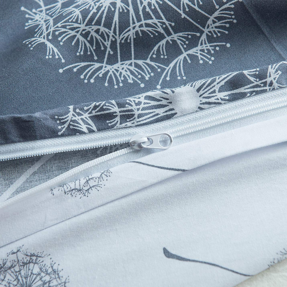 YuHeGuoJi Gray Botanical Duvet Cover Queen 100% Cotton Reversible Flower Duvet Cover 3 Pcs Set 1 White Dandelion Duvet Cover with Zipper Ties 2 Pillowcases Farmhouse Plant Print Bedding Set