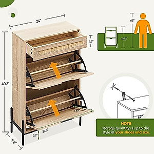 GAOMON Natural Rattan 2 Flip Door with 1 Drawer Shoe Rack Storage Cabinet, Shoe Cabinet Organizer Freestanding with 3-Tier Adjustable Shelves for Entryway, Entrance Hallway (2 Flip Doors, Oak Color)