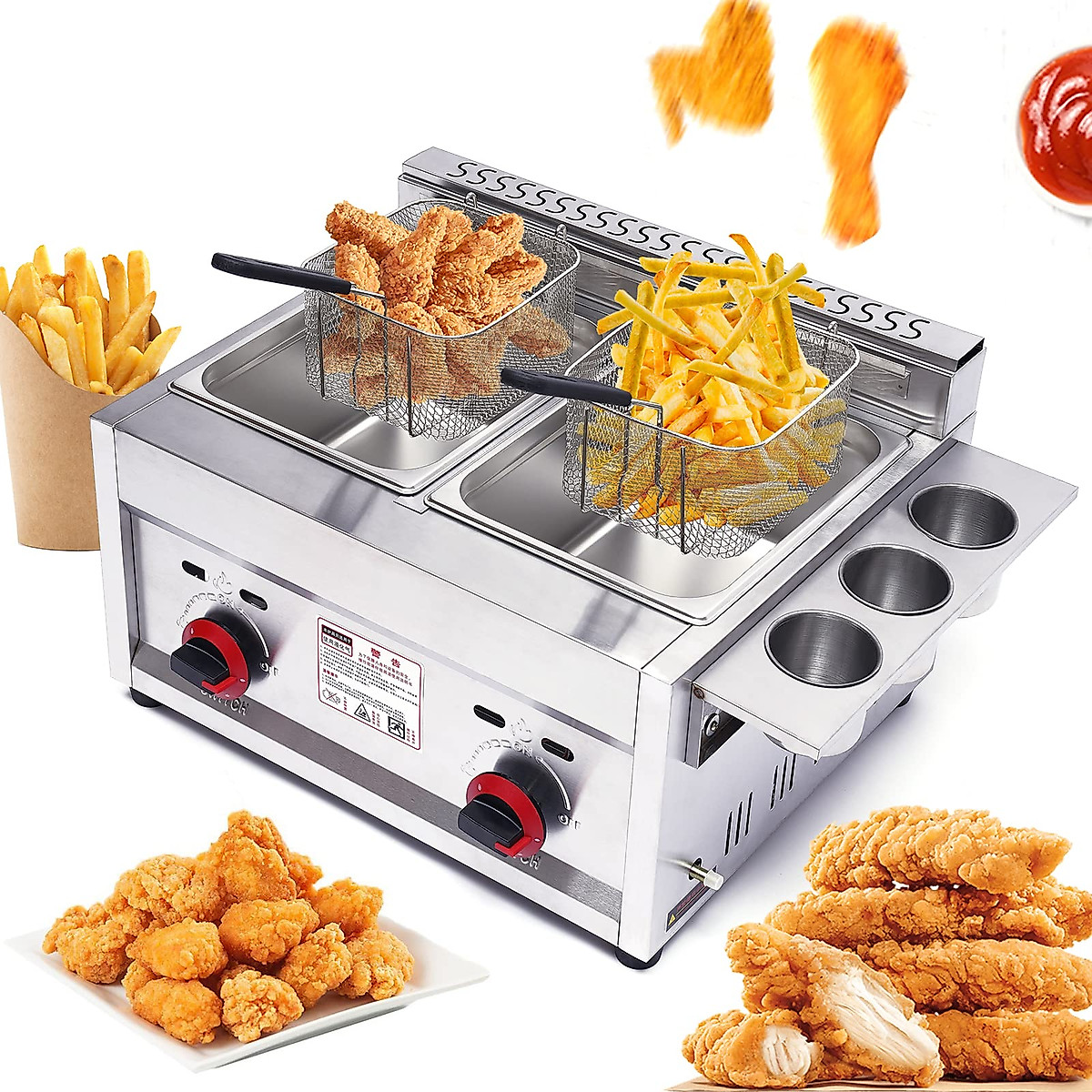 Cutycaty Commercial Gas Deep Fryer Countertop, Dual Tank Stainless Steel Kitchen Frying Machine with 2 Removable Baskets and Lids for Restaurant Home Kitchen French Fries Turkey Donuts (6 Liter)