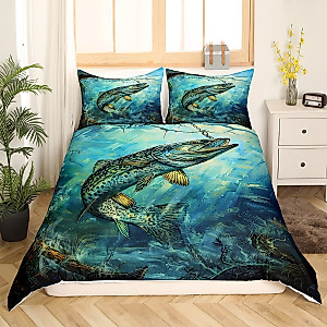 Feelyou Hunting and Fishing Pattern Duvet Cover Big Pike Fishing Bedding Set for Kids Underwater Animals Theme Comforter Cover Rustic Farmhouse Bedspread Cover Bedroom Collection 2Pcs Twin Size