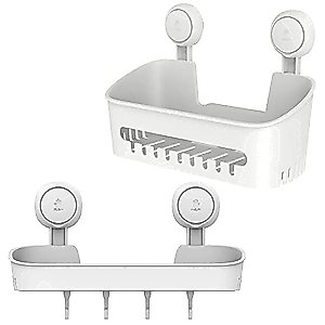 Shower Caddy Suction Cup Shower Shelf Shower Basket with 4 Hooks 1 Second Installation NO-Drilling Removable Powerful Suction Shower Caddy Max Hold 22lbs Caddy Suction Cup Waterproof Organizer - White