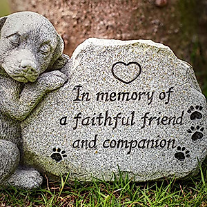 Dog Memorial Stone Statue, Sleeping Dog Angel Figurine Forever in Our Hearts, Dog Grave Markers Outdoor for Deceased Pet, Loss of Dog Memorial Sympathy Gifts Antique Stone Finish 8.86 inch