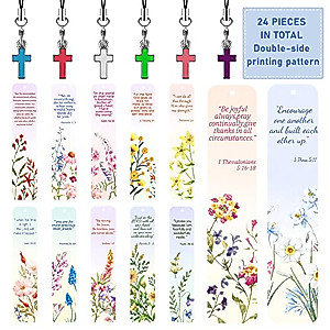 24 Pieces Christian Bookmarks for Women Flower Bible Verse Book Marks Floral Religious Bookmarks Christian Gift with 24 Pcs Cross Pendants for Reading Reward, Church Decoration (Flower Style)