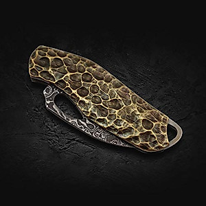 Cool Hand 2'' EDC Flip Joint Folding Knife, Small Pocket Knives w/ 1.25'' VG10 Damascus Steel Blade, Brass Handle w/Leather Lanyard，Tin Box Packaging