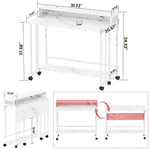 Gezen Folding Desk with Double Storage Shelves, Small Rolling Desk with Wheels for Living Room Bedroom, Mobile Computer Desk Portable Laptop PC Desk Writing Table for Small Space, 31.5", White Marble