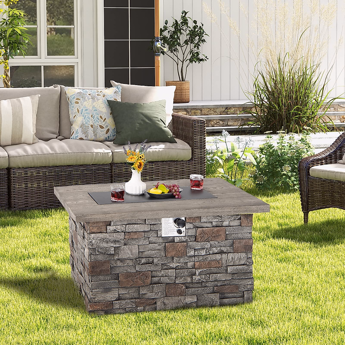 Tangkula 50,000 BTU Propane Fire Pit Table, Patiojoy 43.5 Inch Rectangle Fire Table with Faux Stone Surface, Outdoor Gas Fire Pit Table with Stainless Steel Burner, Waterproof PVC Cover, Lava Rocks