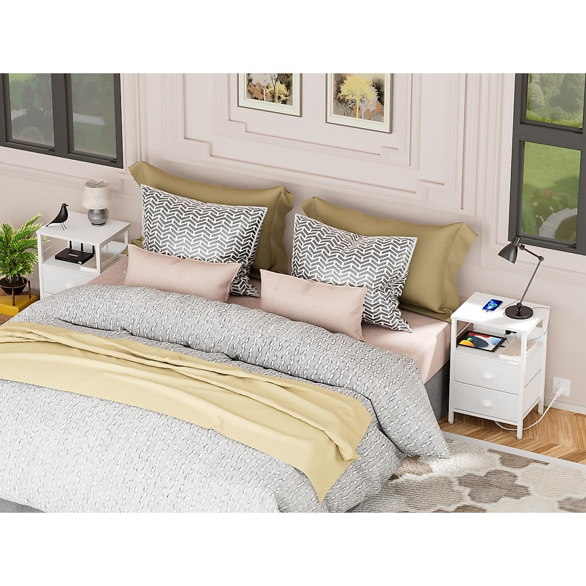 Furologee End Table with Charging Station, Nightstand with Fabric Drawers, Side Tables with USB Ports & Outlets, Night Stand with Storage Shelf & Hooks, for Living Room/Bedroom, White