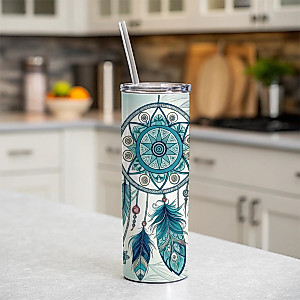 Abstract Teal Blue Dream Catcher Southwestern Design Skinny Tumbler 20oz with Straw Insulated Water Bottle Gift