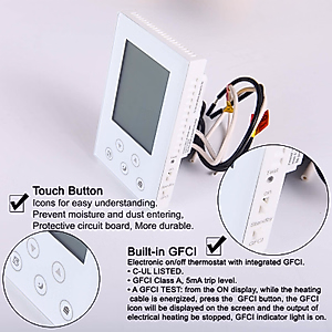 Programmable Thermostat for Radiant Underfloor Heating, Dual-Voltage(120/240v), Dual Sensing(Air and Floor Sensor) Built-in Class A GFCI White