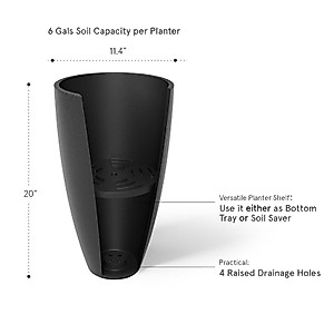 LA JOLIE MUSE 20inch Tall Planters Set of 2,Black Indoor/Outdoor Planters with Trays,Tree Plant Pots for Front Door,Patio and Deck
