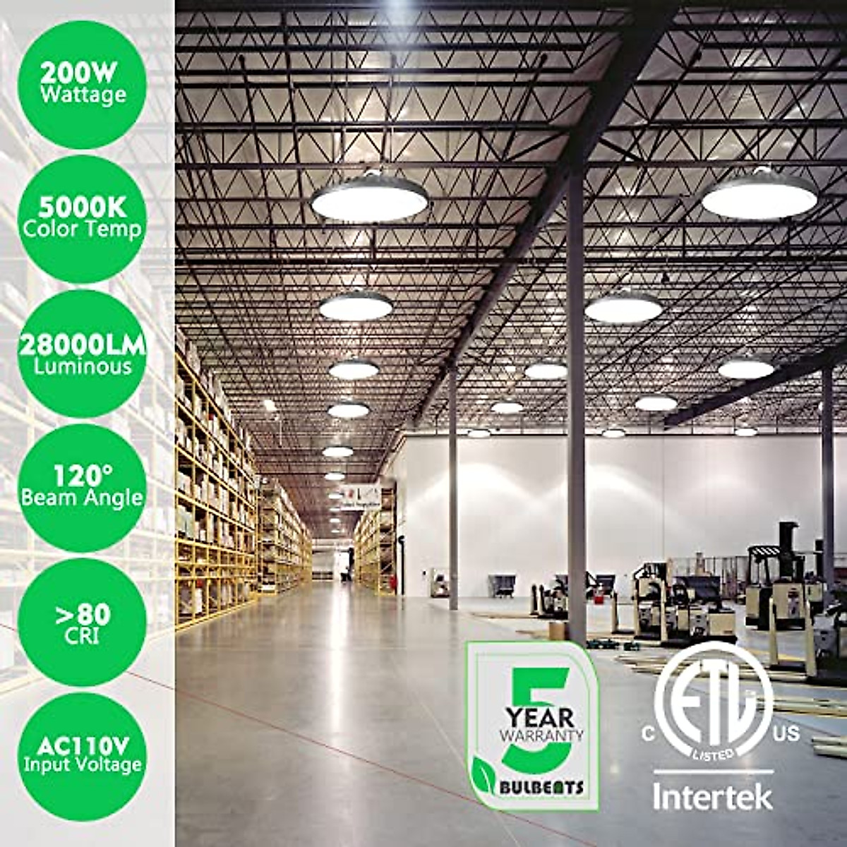 bulbeats 200W LED High Bay Light 28000lm (Eqv.800W MH/HPS) 5000K Daylight ETL High Bay LED Light with US Plug for Commercial Bay Lighting Energy Saving Upto 7300KW/5Yrs(5Hrs/Day) -8Pack