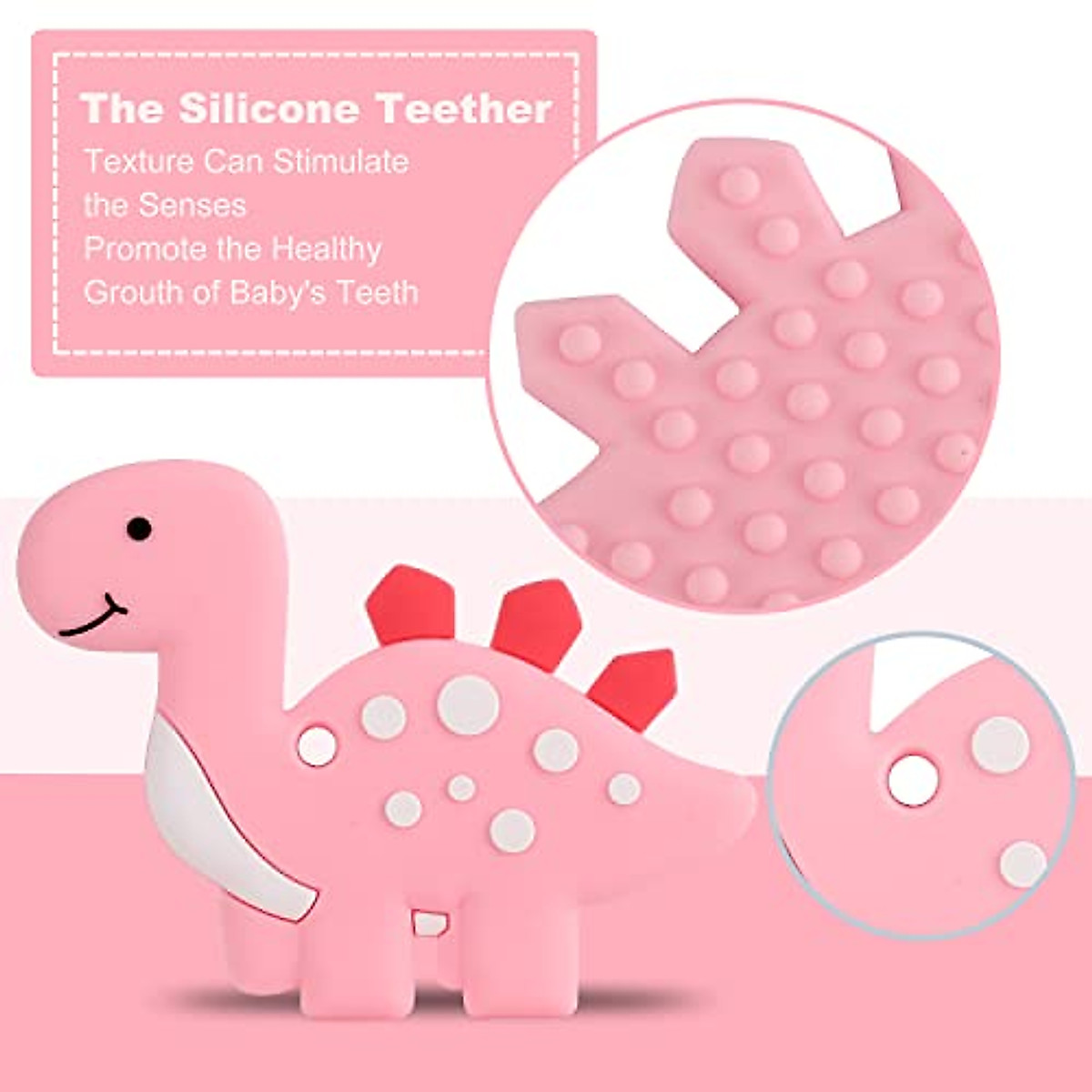 Baby Teething Toys for Babies 3-6 6-12 Months, Dinosaur Teether Pain Relief Toy with One Piece Design Pacifier Clip Holder Set, Freezer Safe Neutral Shower Gift for Boys and Girls (Pink)