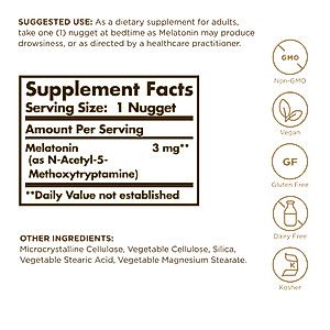 Solgar Melatonin 3 mg - 120 Nuggets - Helps Promote Relaxation & Rest - Non-GMO, Vegan, Gluten Free, Dairy Free, Kosher - 120 Servings