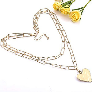 YAHPERN Layered Rectangle Paper Clip Chain Link Choker Statement Hammered Heart Pendant Necklace Minimalist Chunky Thick Chain Jewelry For Woman (gold)