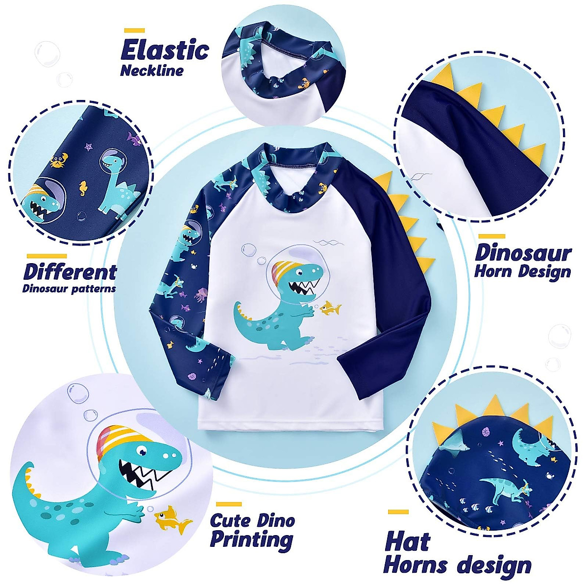 WAWSAM Toddler Dinosaur Swimsuit Kids Bathing Suit Dinosaur Boys Rash Guard with Hat Quick Dry Long Sleeve Swimwear Infant Swim Truck Rashguard Set for Swimming Beach Pool Vacation