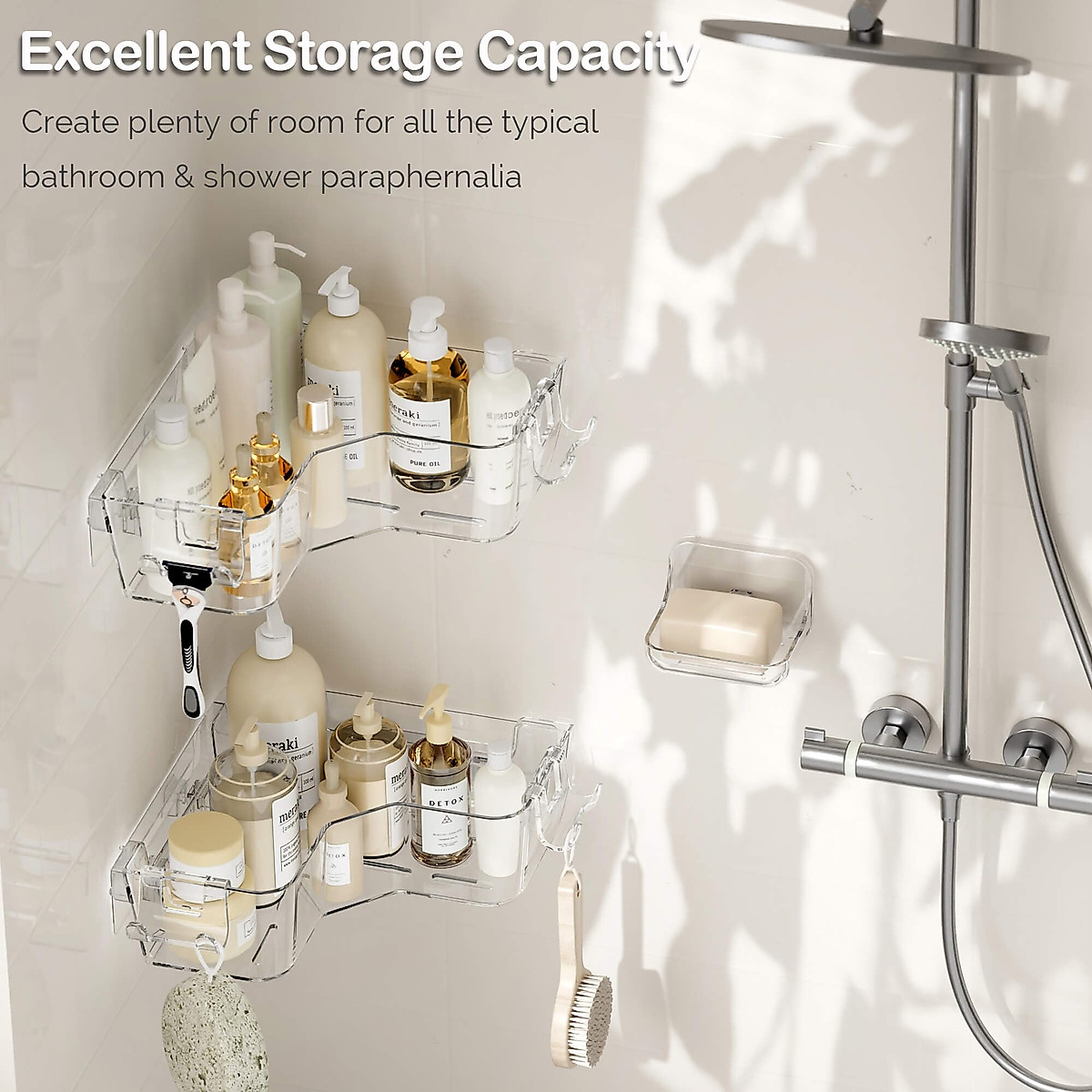 UDD Corner Shower Caddy, Clear Shower Organizer Bathroom Storage Shower Rack with Soap Dish and Razor Holder Hook, Adhesive Wall Shower Shelves for Bathtub Dorm, 3 Pack