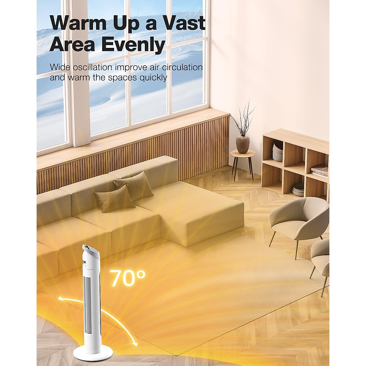 Space Heater for Large Room, 34" Tower Heater with Remote, 1500W Space Heater with 12H Timer, 70° Oscillating, Adjustable Thermostat, Overheating & Tip-over Protection for Garage, Home Indoor Use
