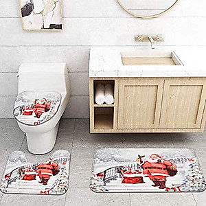 4 Pcs Merry Christmas Shower Curtain Sets with Non-Slip Bathroom Rugs, Toilet Lid Cover and Bath Mat, Santa Claus Shower Curtain with 12 Hooks, Christmas Bathroom Sets with Shower Curtain and Rugs