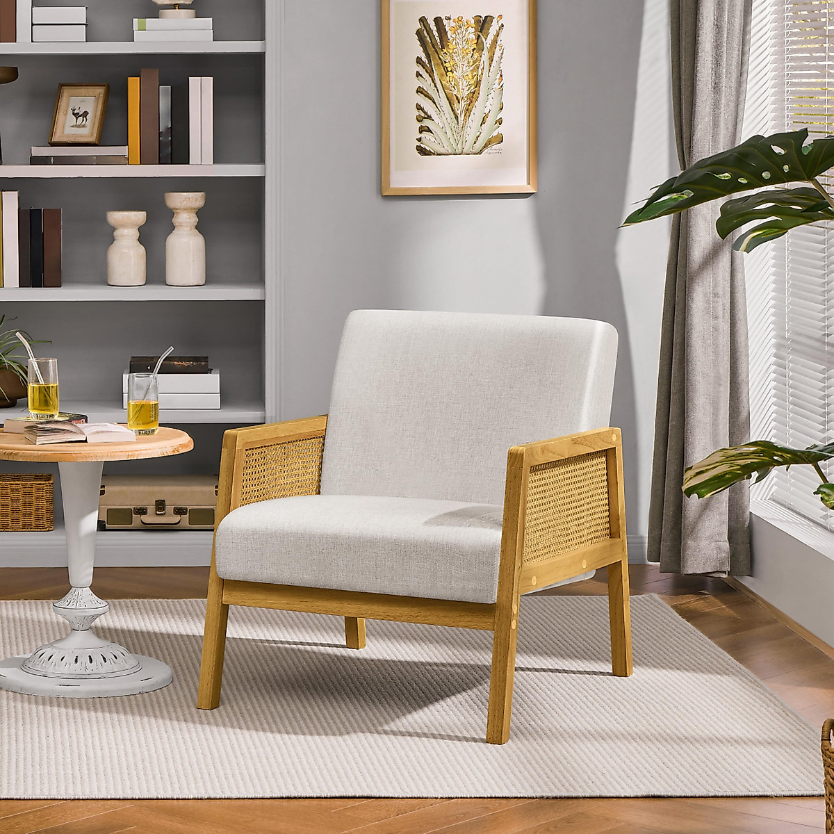 Yaheetech Beige Accent Chair, Armchair with Wood Legs, Mid Century Living Room Chair, Linen Fabric Lounge Chair for Bedroom Reading Room, Beige