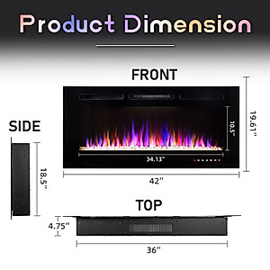 S-THROUGH 42 Inch Electric Fireplace Wall Mounted and Recessed, Linear Electric Fireplace with Remote Control & Timer, Touch Screen, Adjustable Flame Color, 750w/1500w Ultra-Thin Wall Fireplace Heater