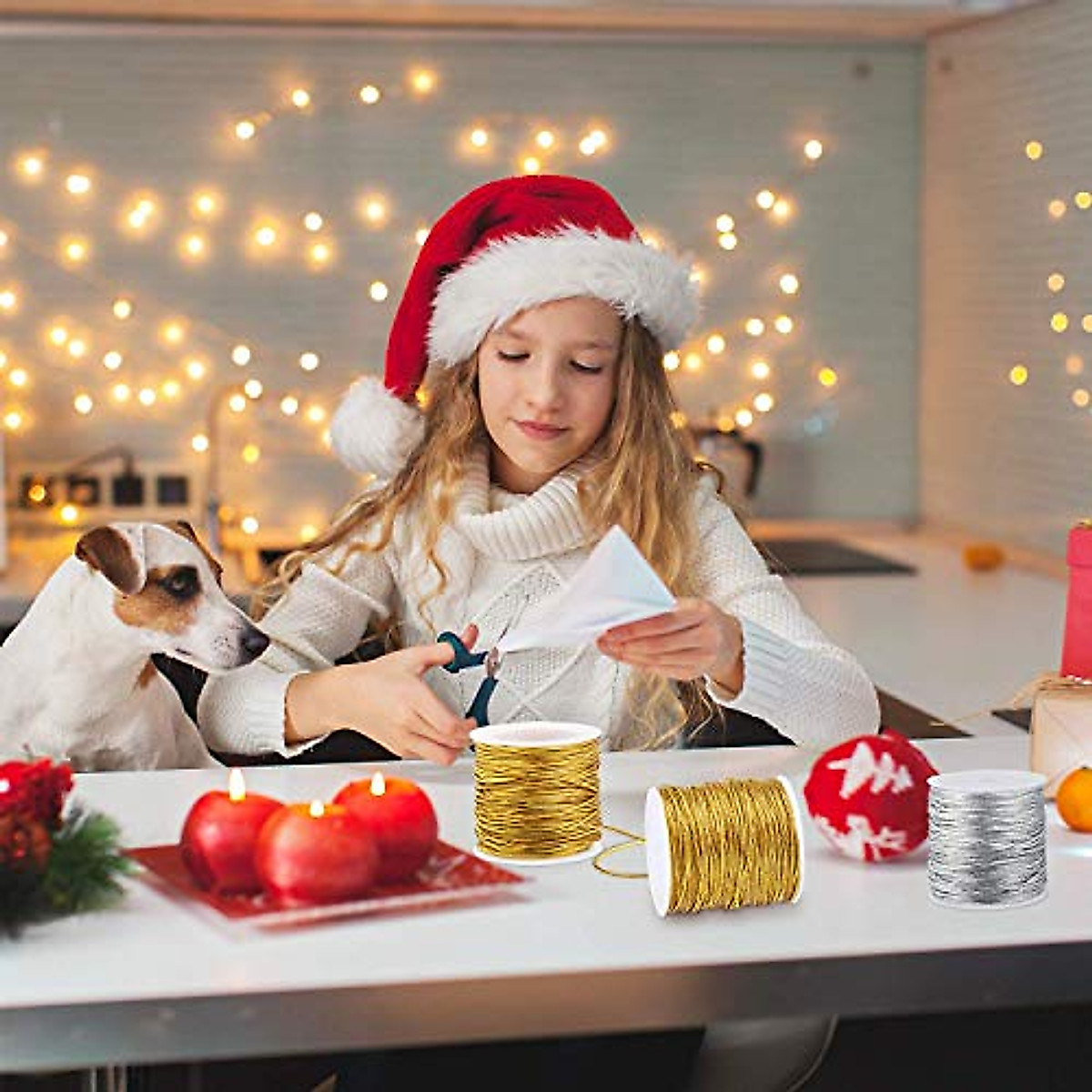 2 Rolls Metallic Elastic Cords Stretch Cord Ribbon Metallic Tinsel Cord Rope for Craft Making Gift Wrapping, 1 mm 55 Yards (Gold and Silver)