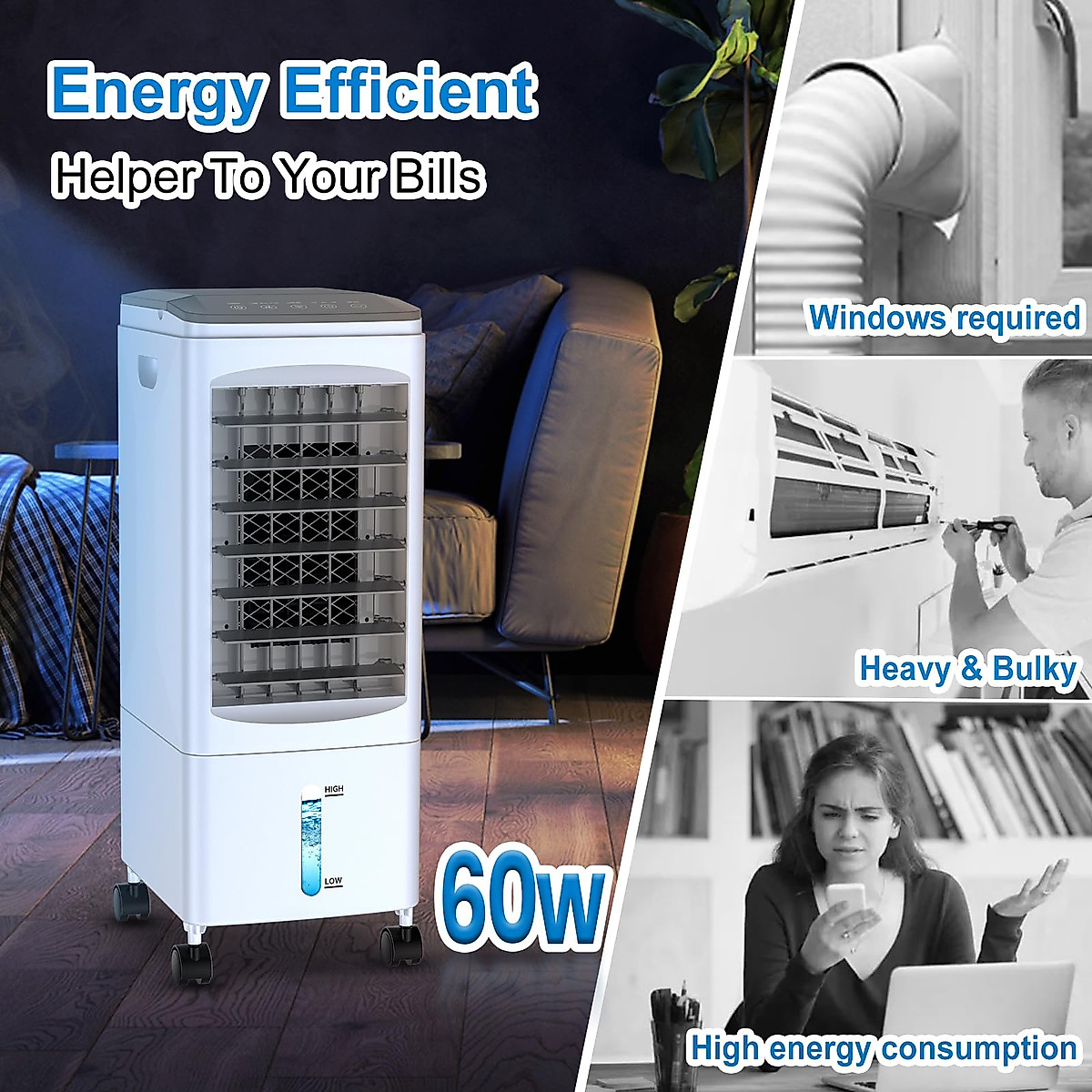 Portable Air Conditioners, 3-IN-1 Air Conditioner Portable for Room, [1.45 Gal Tank] Portable AC Cooling Fan w/ 3 Spds & Cooling Modes, Swing, 7H Timer, Quiet Evaporative Air Cooler for Home Office