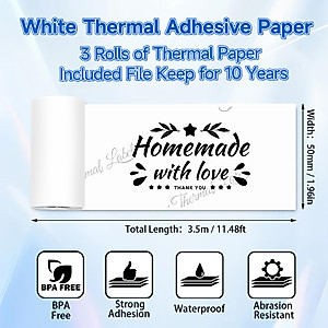 NelkoGlobal Mini Sticker Printer with 3 Rolls of 50mm*3.5m White Self-Adhesive Thermal Printer Paper (Image Duration: 10 Years)
