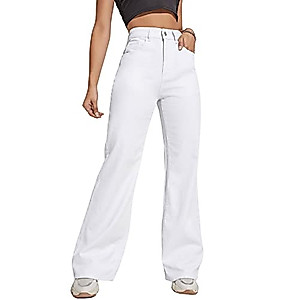 SweatyRocks Women's High Waisted Straight Wide Leg Jeans Boyfriend Denim Pants with Pockets White L