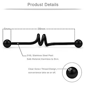 Ruifan 6PCS Industrial Barbell Earring Stainless Steel 14 Gauge Cartilage Earring Body Piercing 1 1/2 Inch(38mm)- Straight,Coil,Wave,Twister,Spiral,Heart(Black)