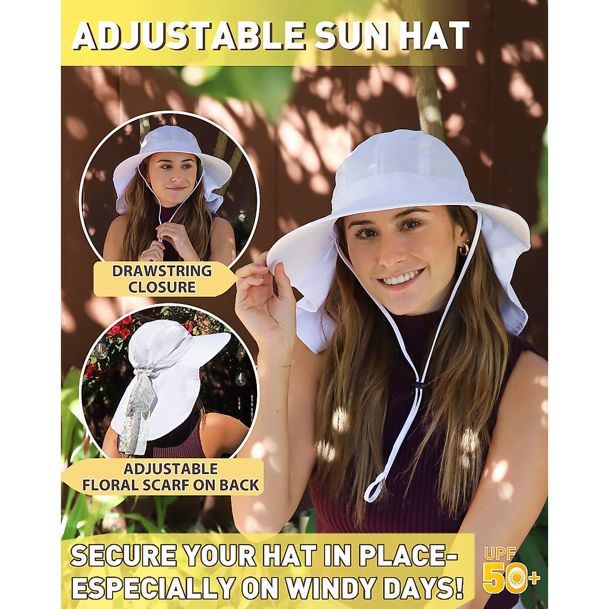 Tirrinia Stylish Garden Hats with Large Brim, Adjustable Safari Neck Cover, and Floral Ribbon