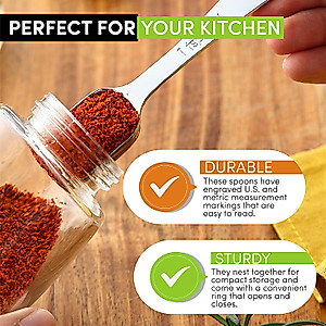 Spring Chef Heavy Duty Stainless Steel Metal Measuring Spoons for Dry or Liquid, Fits in Spice Jar, Set of 7 Including Leveler