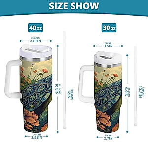 Slewiaeky Tumbler with Handle 40 oz Retro Tortoise Turtle Travel Mug with Lid and Straw Ocean Stainless Steel Vacuum Insulated Water Bottle Cup for Iced Tea Coffee Cold Beverages Cup Holder Friendly